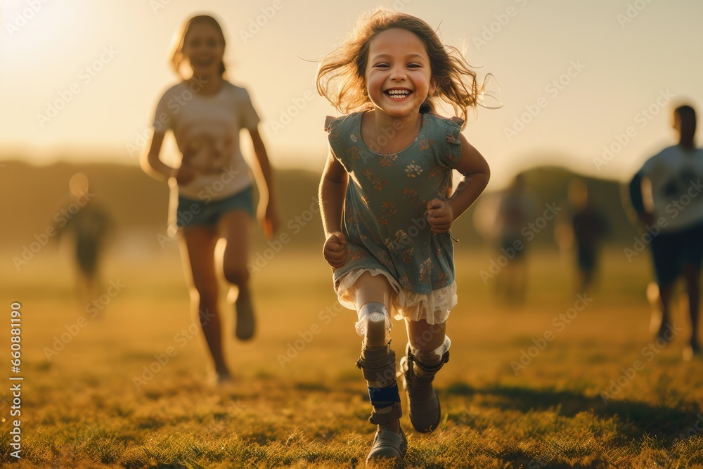 Smiling little girl with prosthetic leg running on field with her ...
