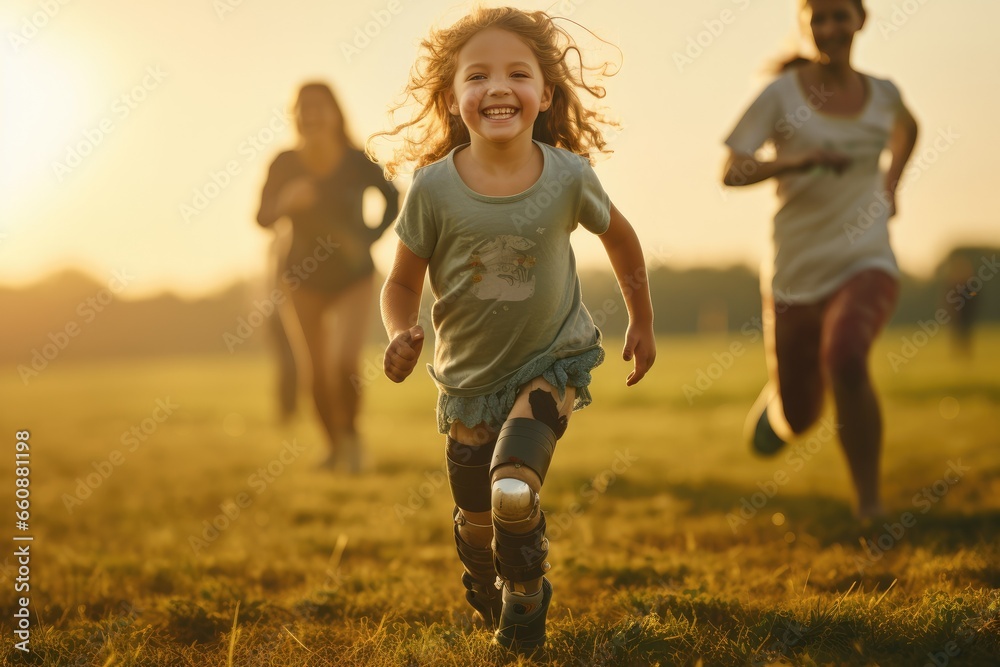 Smiling little girl with prosthetic leg running on field with her ...