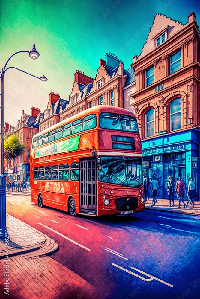 doubledecker buses scene on the street in the city colored pencil ...