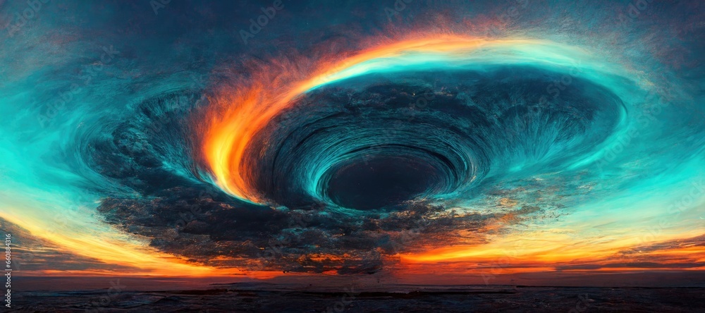 At the edge of the world before the last sunset a gigantic fiery portal ...