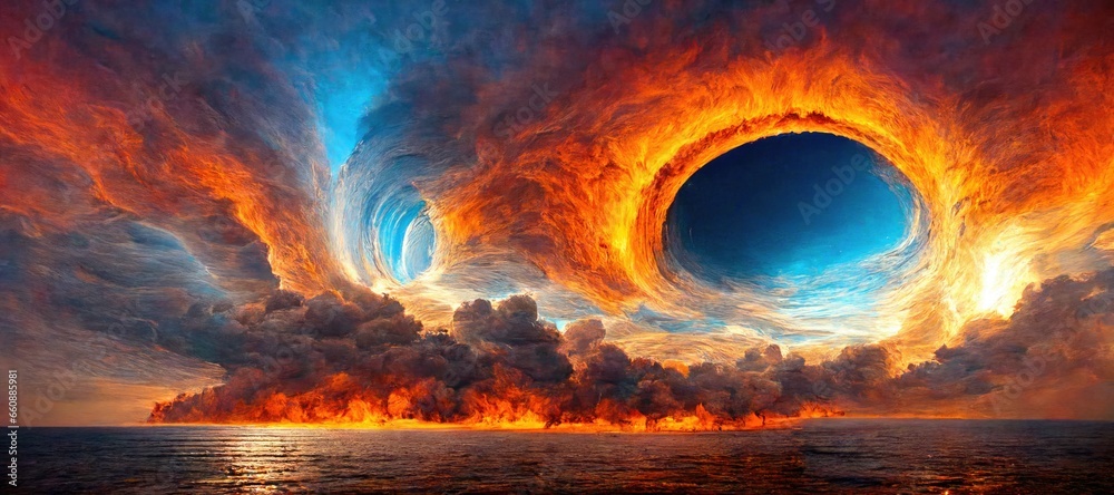 At the edge of the world before the last sunset a gigantic fiery portal ...