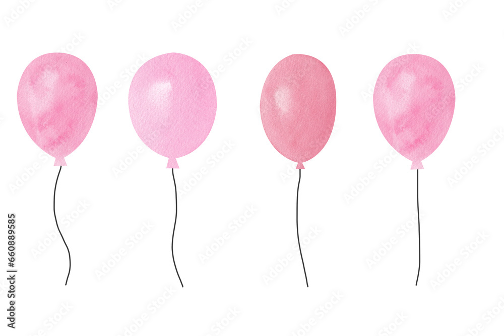 Watercolor collection of colorful party balloons of pink pastel colors ...