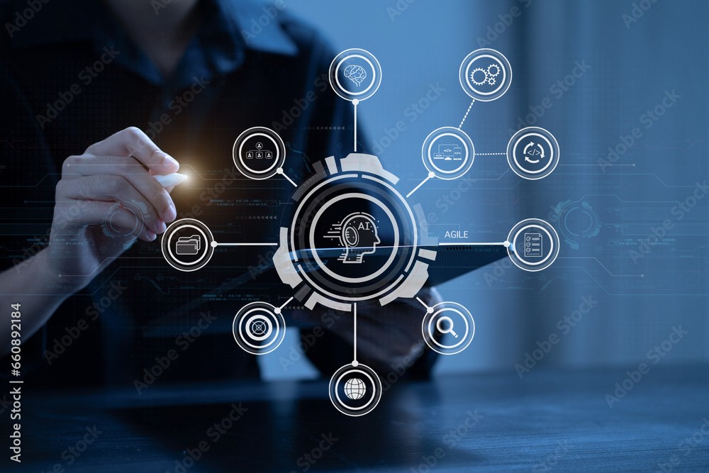 Agile development methodology concept. Business hand using laptop ...