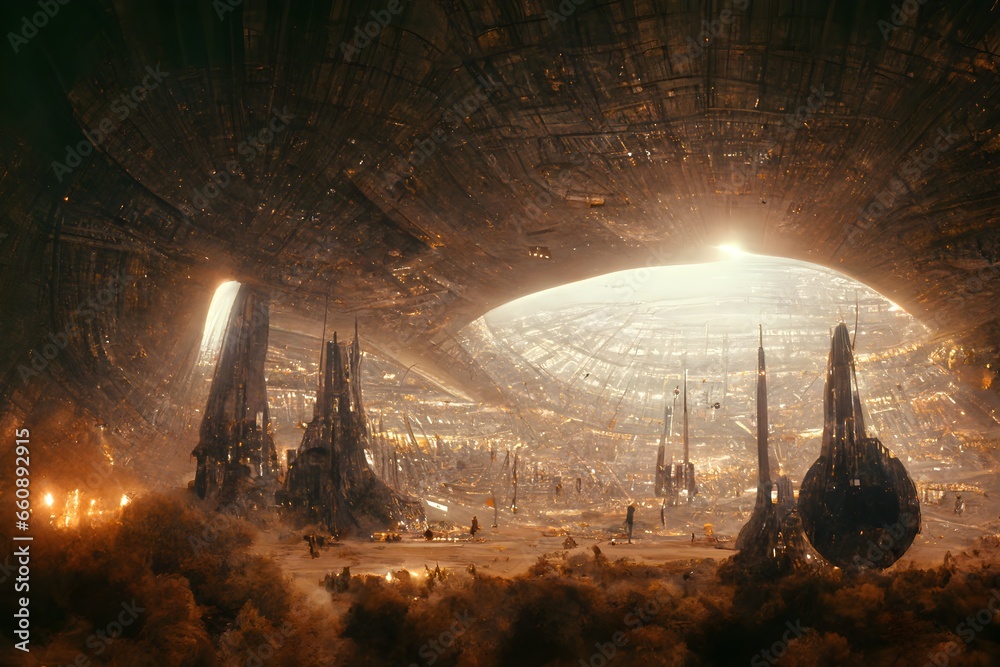 alien spacecraft with greeblies enormous scale epic scene factory in ...