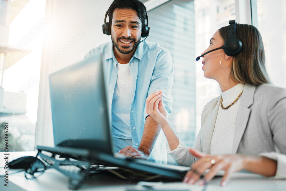 Call center, training with manager and headphones, laptop and help with ...