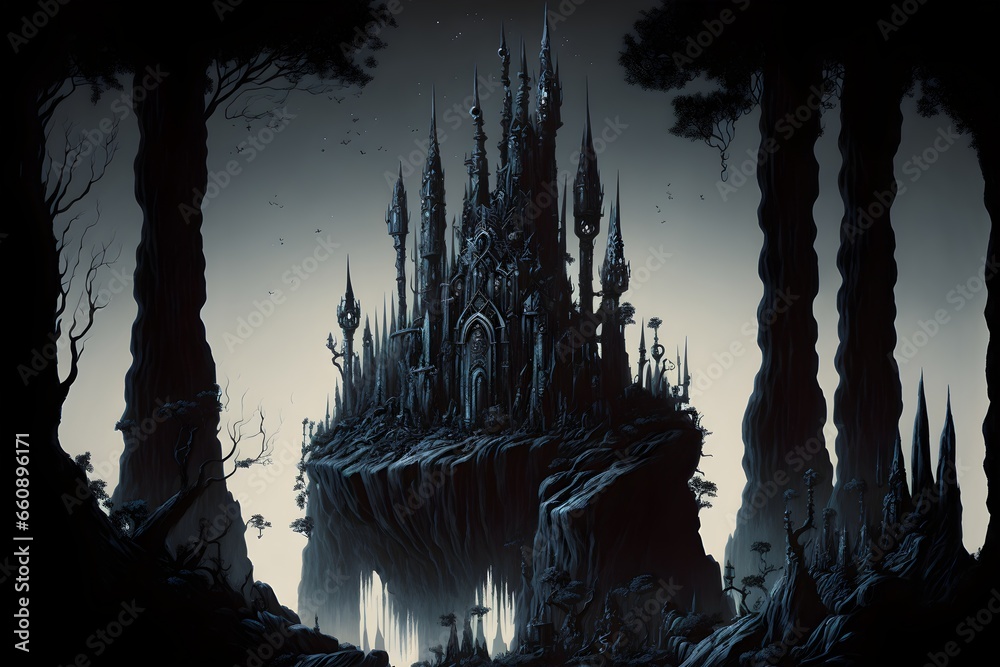 a large black castle made entirely out of obsidian smooth domes chipped ...