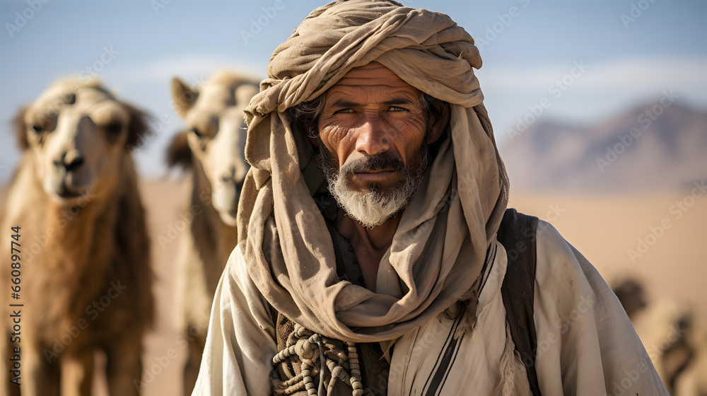 Photograph a nomadic desert tribe in traditional attire, emphasizing ...