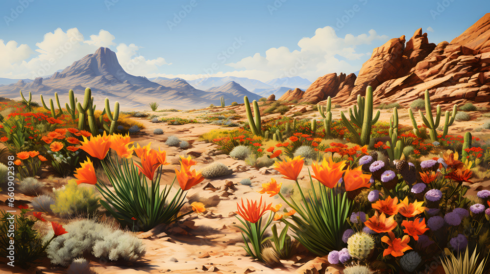 Highlight the remarkable beauty of desert flora as colorful wildflowers ...