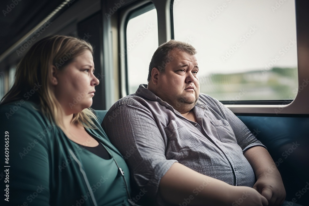 Sad fat couple. Unhappy obese partners travelling in transport ...