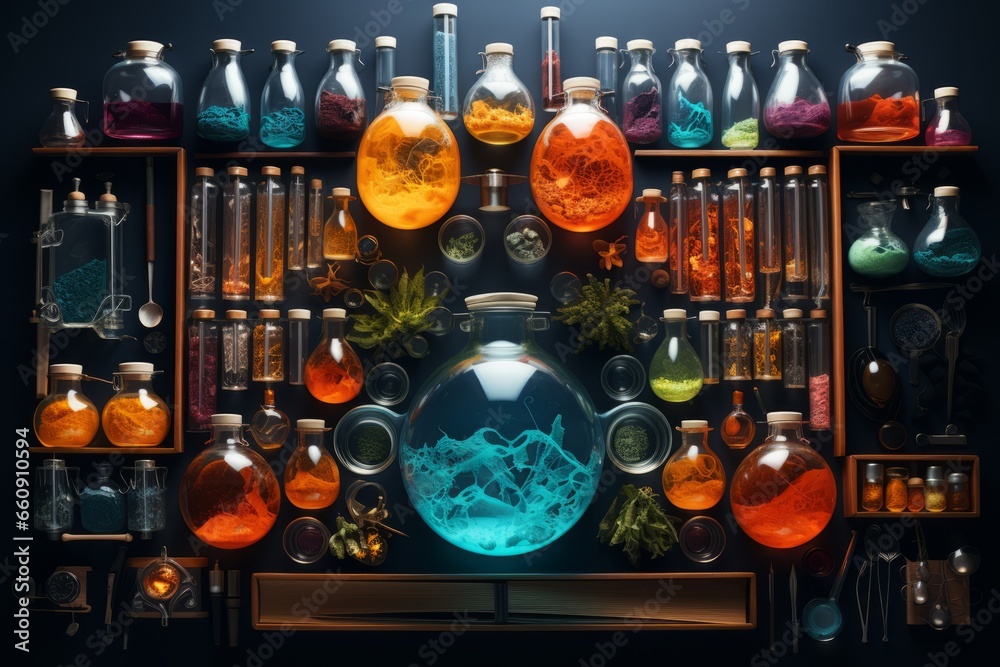 Chemistry laboratory bench with beakers, test tubes, and lab equipment ...