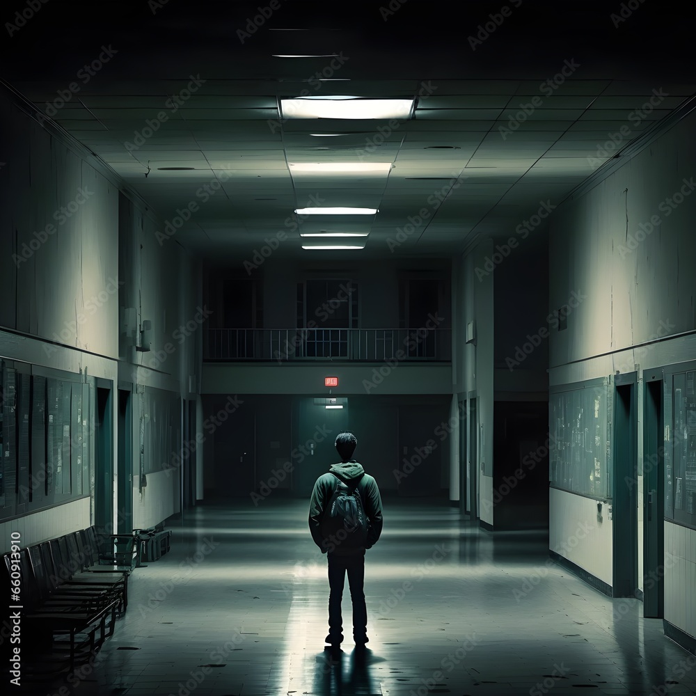 high school building interior at night male preppy teenager scared ...