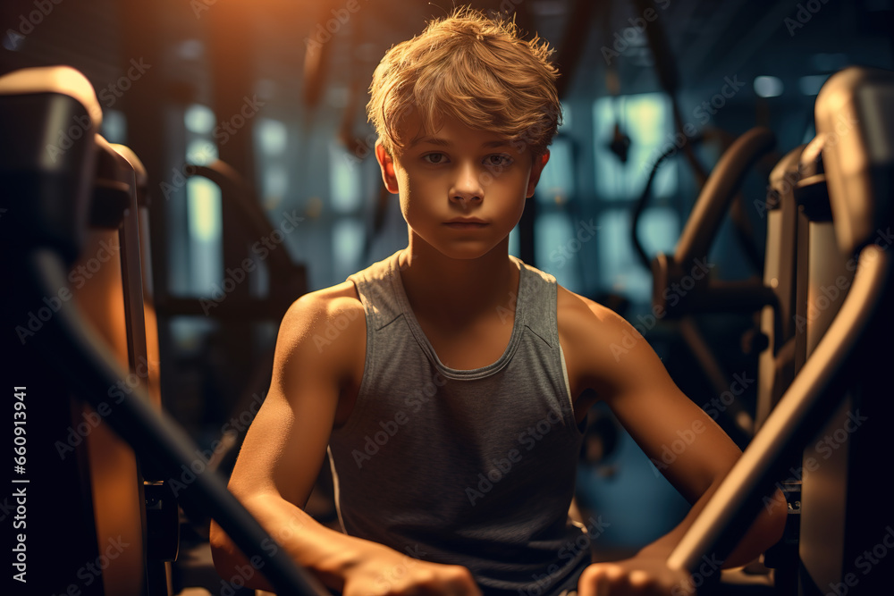 Active teenage boy working out on exercise machine to build bigger ...