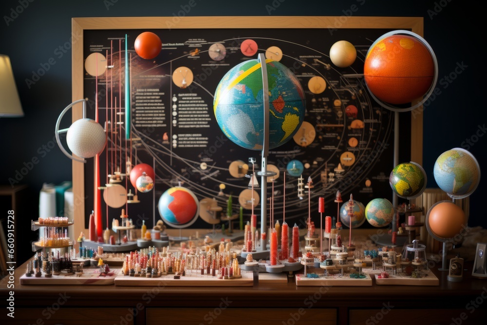 Science fair project display with diagrams, posters, and experiments ...