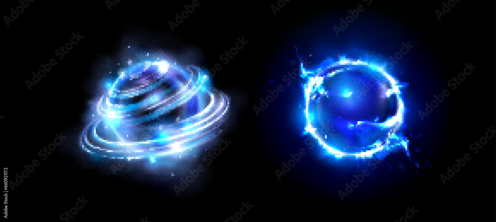 Magic energy ball and blue fire power orb game icon with light glow ...