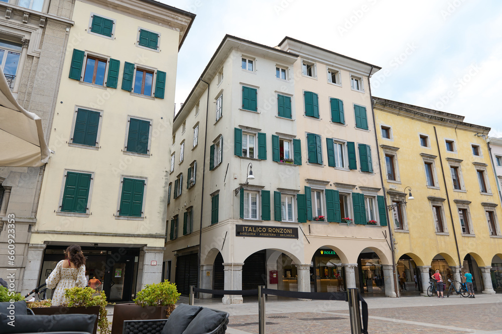 Colonnade and path, square of the freedom in Italian city Udine. Italy ...