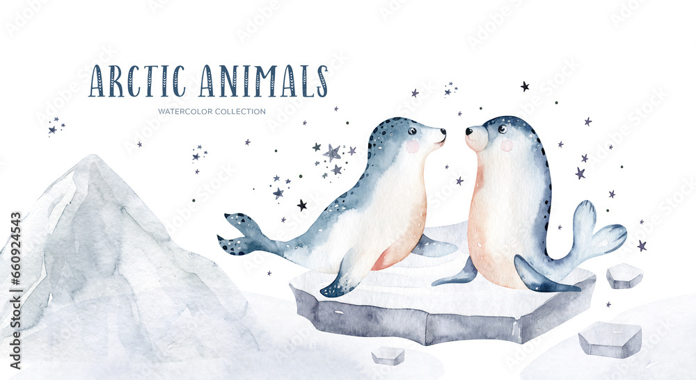 watercolor illustration of a seal with a baby polar seals isolated on a ...
