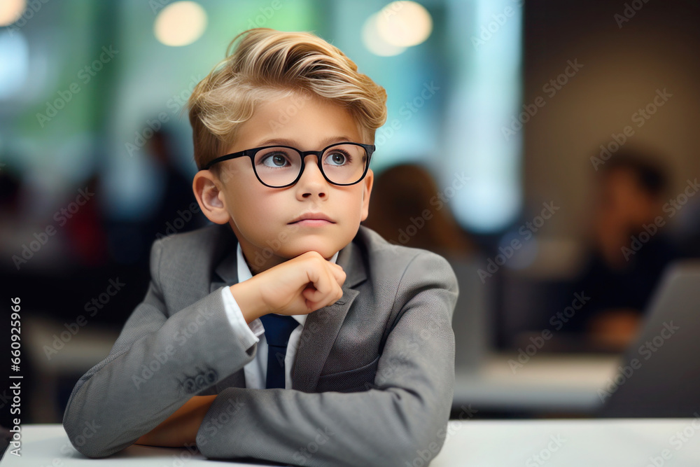 Portrait of a thinking boy in glasses and a suit, sitting at a table in ...