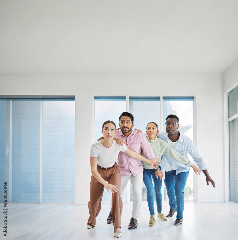 Dance, team building and employees excited together or colleagues in ...