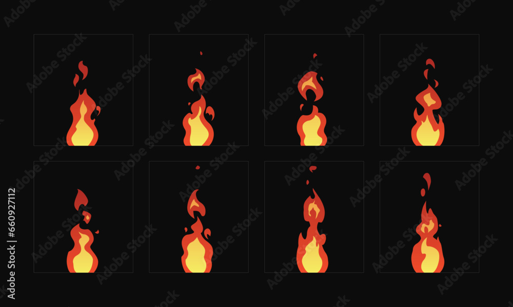 Set of fire flames. Flames sprites frame loop animation for cartoon ...