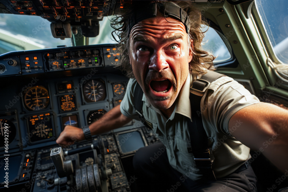 Tense airline pilot slamming flight manual due to cockpit glitch. Stock ...