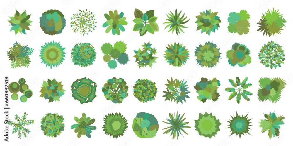 Trees top view. Different plants and trees vector set for architectural ...