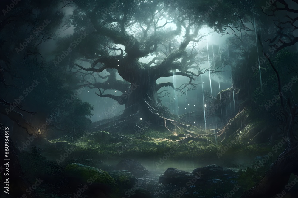 Enchanted forest during a mystical thunderstorm, swirling clouds ...