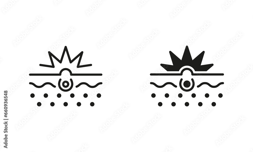 Skin Pain Line and Silhouette Black Icon Set. Dermatology Disease ...