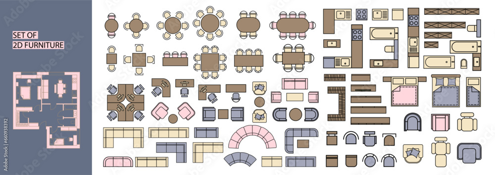 Furniture for the floor plan. Top view tables, beds, chairs, sofas ...