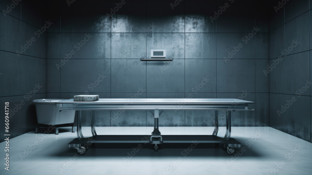 Empty metal bed in autopsy room. The table for dead body. Forensic ...