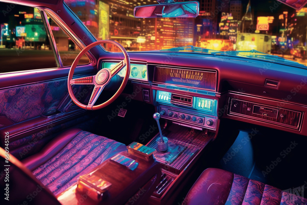 Interior of a retro car with a neon effect. Nostalgia. Stock Photo ...