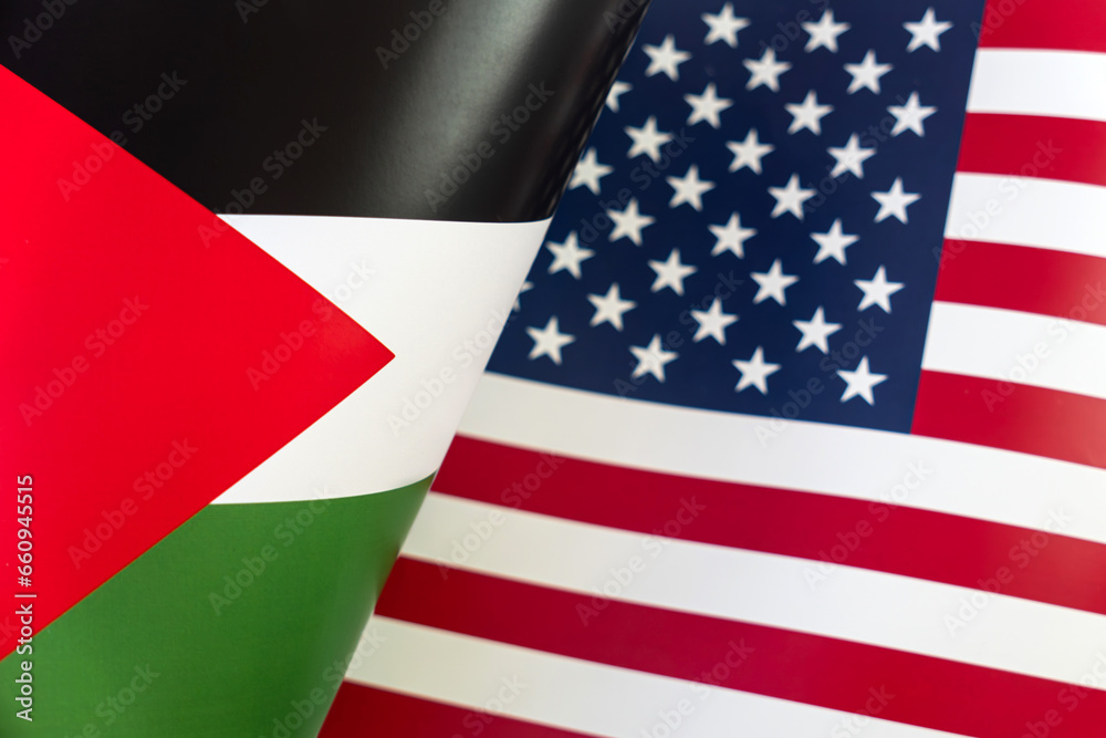 Background of the flags of the Palestine, USA. concept of interaction ...