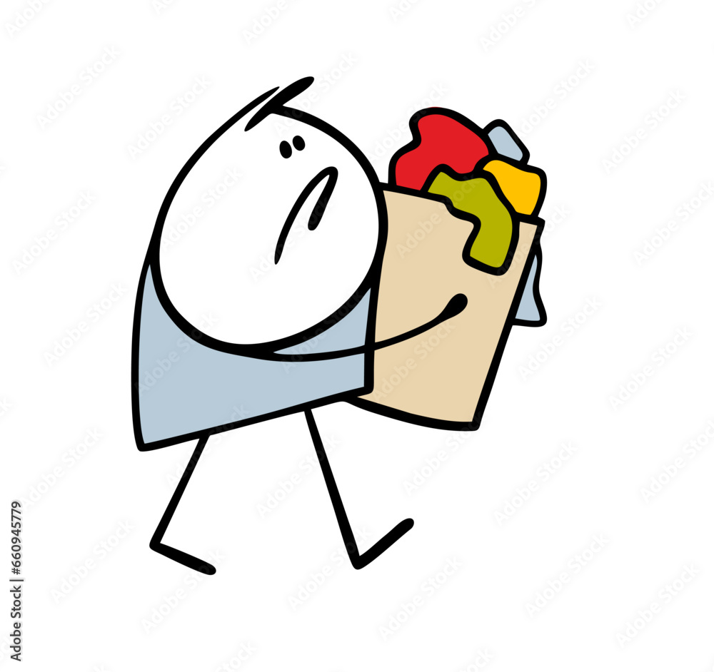 Cartoon disgruntled character carries a basket full of dirty laundry ...