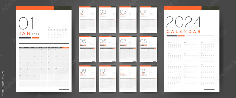 Creative minimal business monthly 2024 Calendar template vector. Desk ...