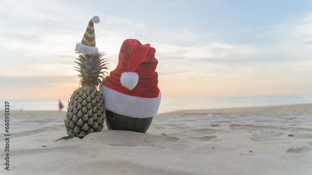 Snowman made of pineapple and watermelon on the beach Healthy Christmas ...