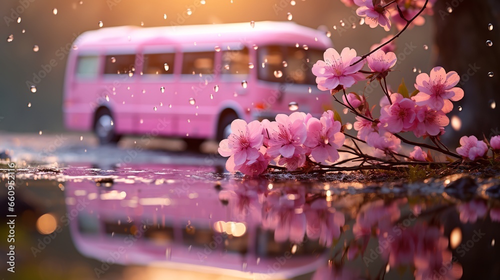 shot of little bus with pink flowers, with water drops, warm natural ...
