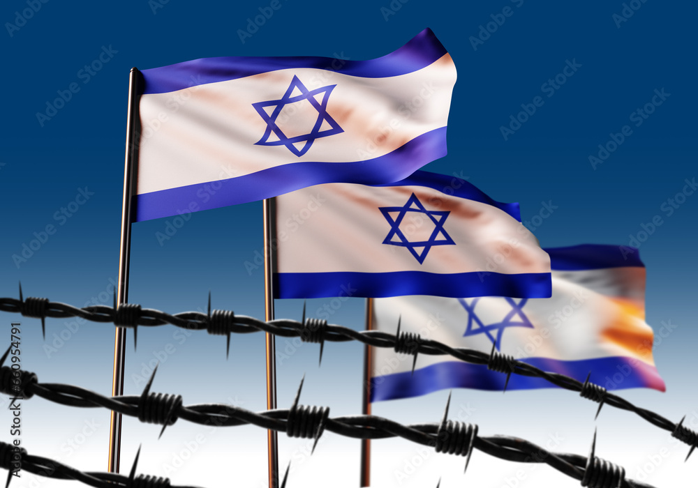 Israeli flags behind barbed wire. State border of republic of Israel ...