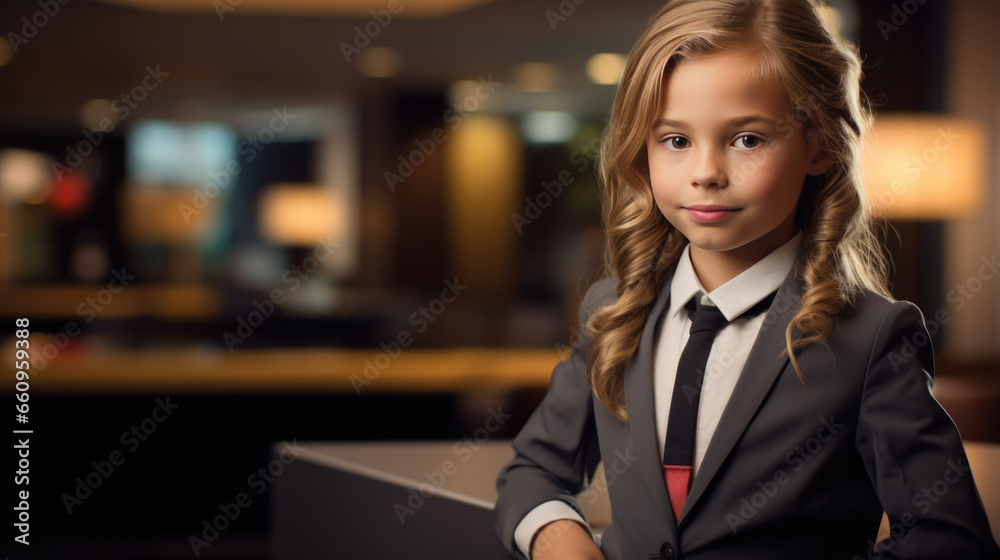 Little girl portrays a businesswoman in a suit in the background of her ...