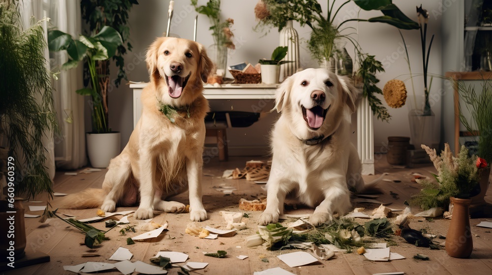 Chaotic living room with dogs and mess. Flower pots destruction ...
