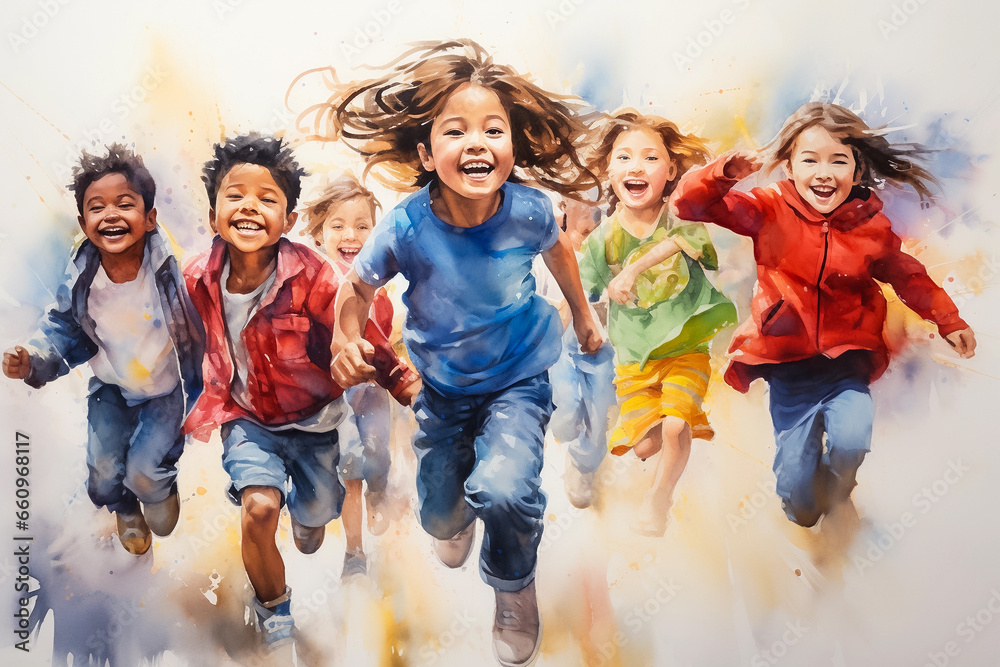 Happy kids running together, funny little boys and girls. Watercolor ...