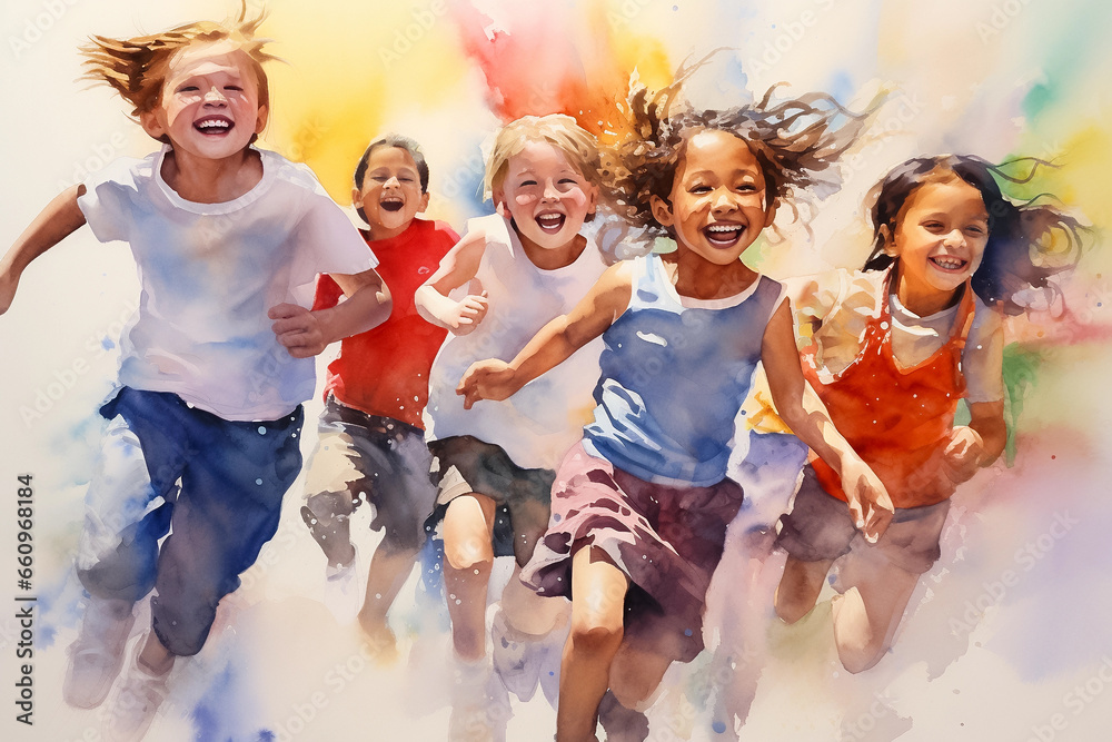 Group of happy children running and laughing. Watercolor painting style ...