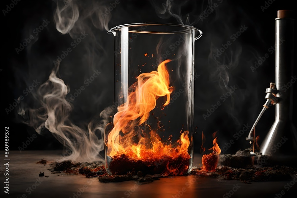 flask with burning flame and candle in the large flask dark smoke ...