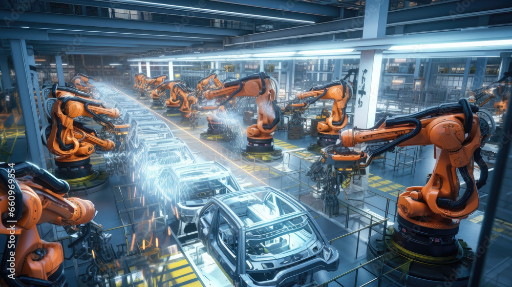 Automated Robot Arm Assembly Line Manufacturing Advanced High-Tech ...