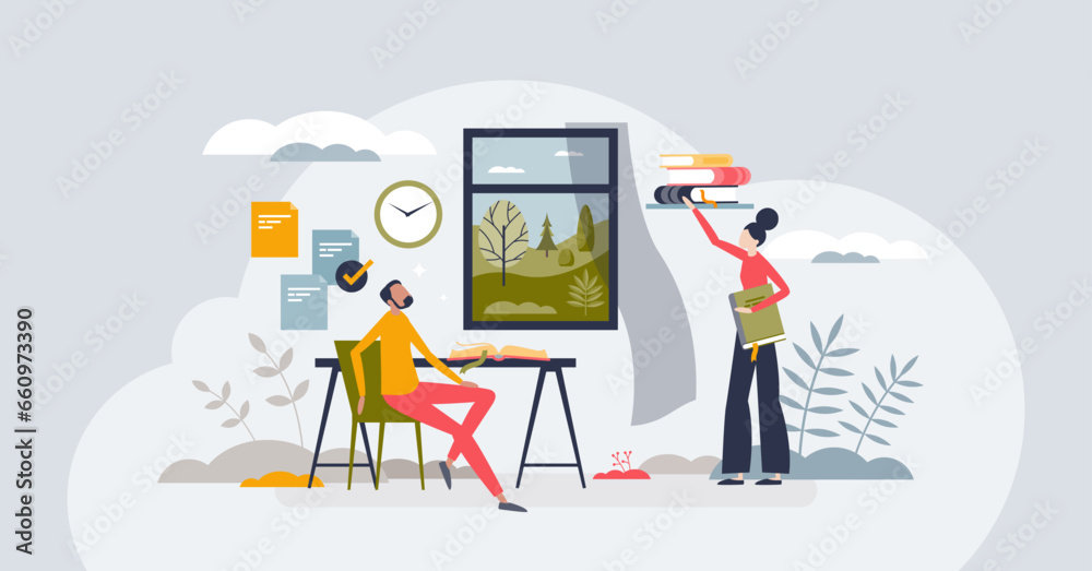 Self study and personal development with book reading tiny person ...