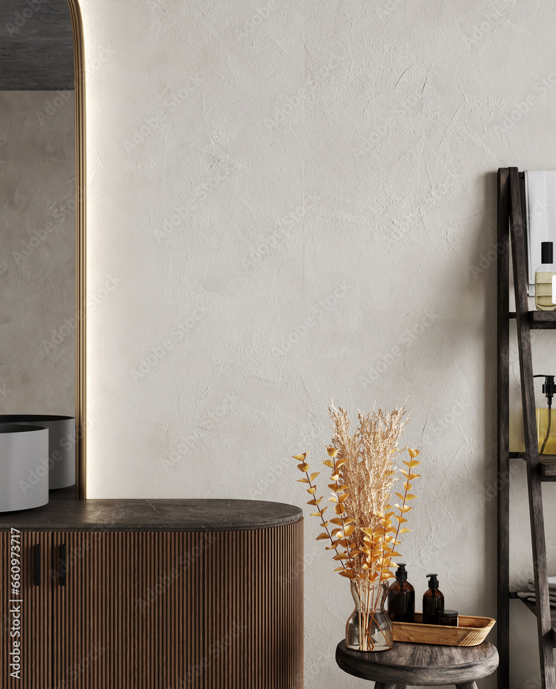 Empty plaster wall mock up in modern bathroom with sink, mirror and ...