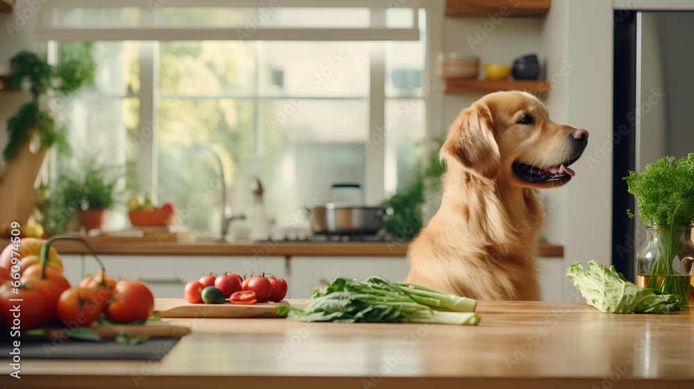 Golden retriever dog in kitchen looking at fresh vegetables. Healthy ...