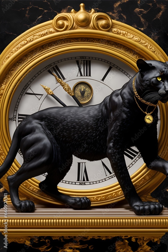 3d black panther clock with ornate clock face and hands embossed with ...