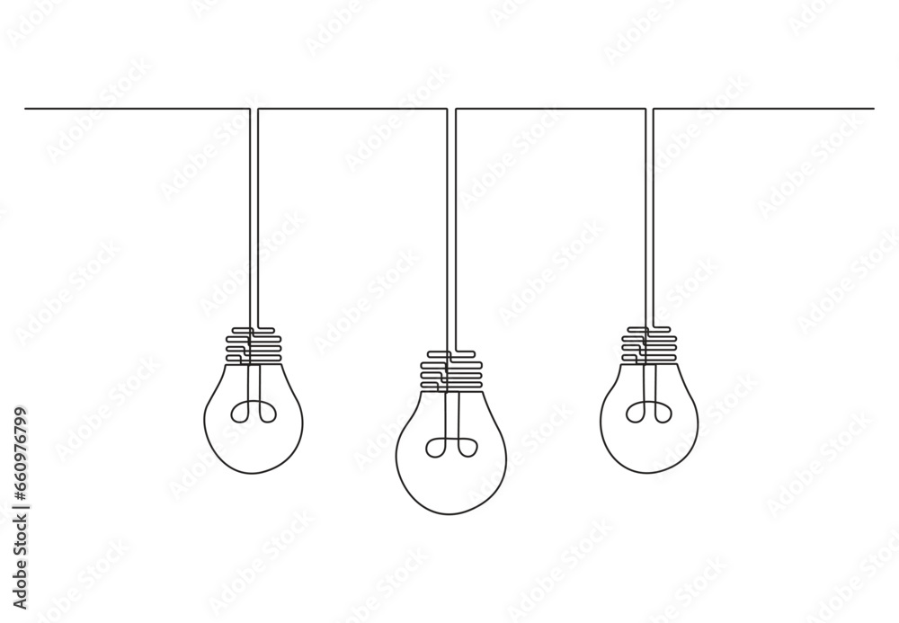 Single one line drawing of hanging lightbulbs on house ceiling rooftop ...