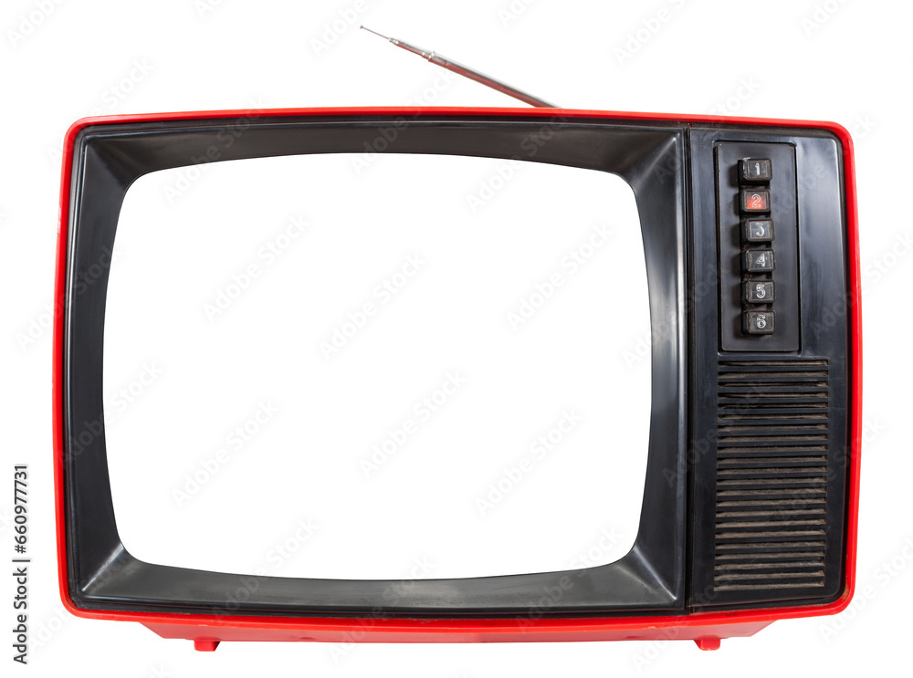 Front panel of red vintage portable CRT television set made in USSR ...