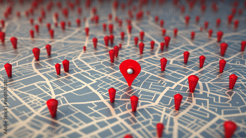 map with multiple red pins indicating locations in the city Stock ...