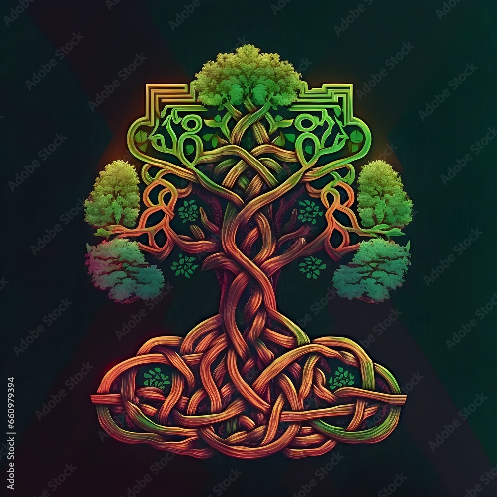 tree of life with Celtic knot roots vivid vibrant neon colors 3d octane ...